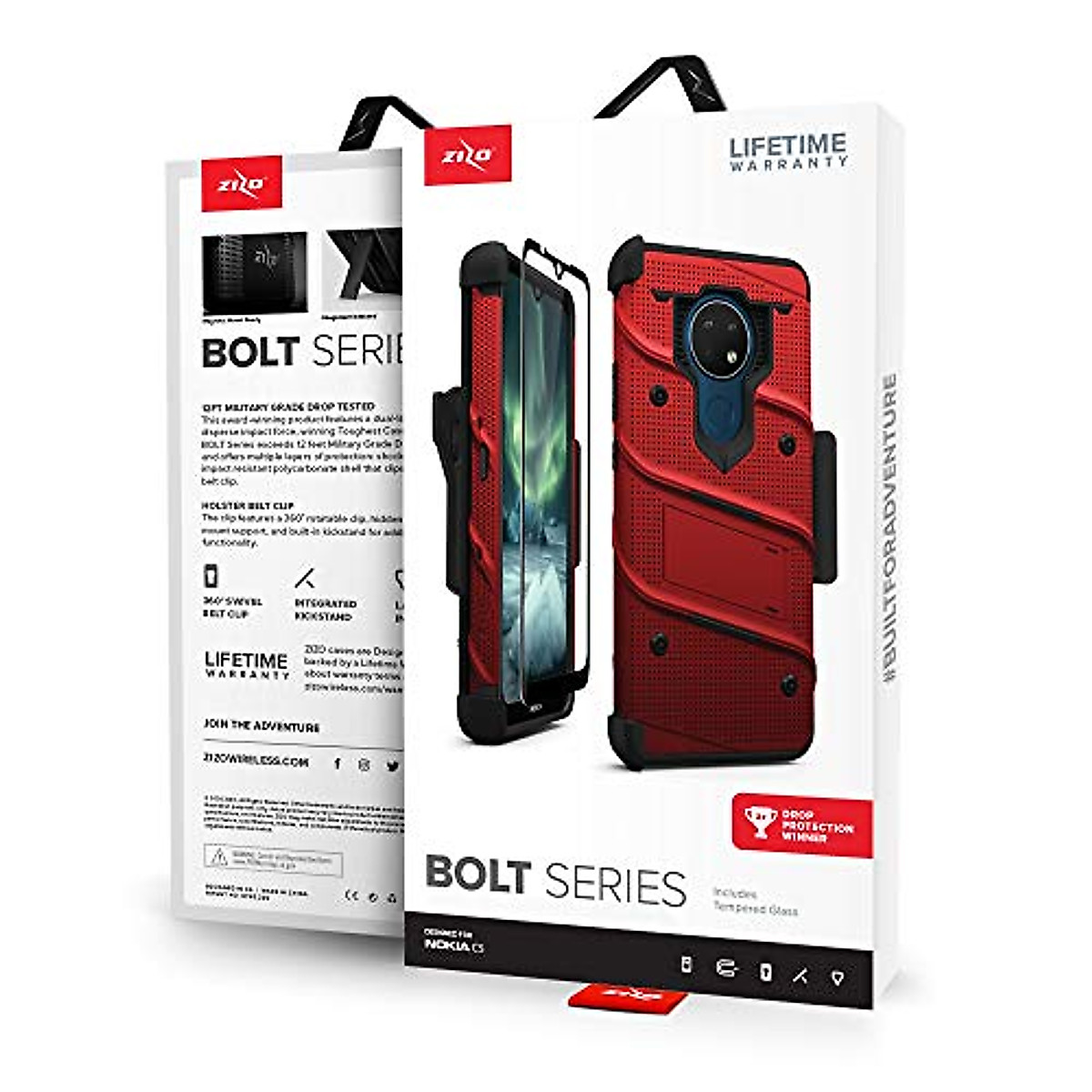 ZIZO Bolt Series for Nokia C5 Endi Case with Screen Protector Kickstand Holster Lanyard - Red & Black