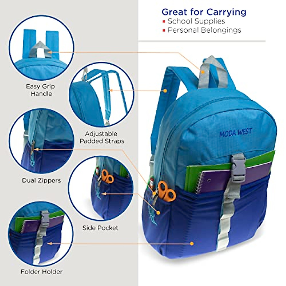 Moda West 24 Pack 17 inch Wholesale Bulk Backpack In Assorted Colors