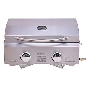 Kanizz Portable Patio LPG Dual Burner Barbeque Grill Stove w/Lid, Garden Camping Kitchen Tabletop Grill Double Burner Head 20,000 BTU Max LPG, Low Smoke Adjustable 2 Burner