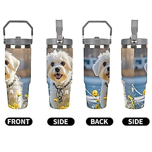 WITHSBKK 30oz Car Cup Maltese Dog Printed with Portable, Stainless Steel Travel Mug, Vacuum Insulated Tumbler And Straw, Leakproof for Car & Outdoor, UV Printed Design