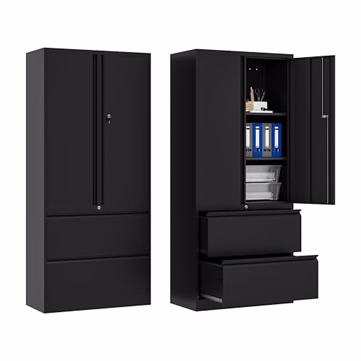 heycode File Cabinet with 2 Drawers - Metal Vertical Lateral Filing Storage Cabinet with Lock - Storage Cabinet with File Cabinet for Home Office Hanging Files Legal/Letter/A4 Size (Black, 2 Drawers)