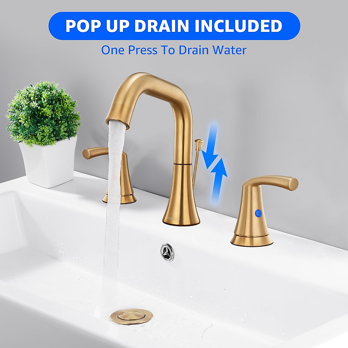 WaterSong Bathroom Sink Faucet, Brushed Gold Bathroom Faucet 3 Hole, 8 Inch Widespread Bathroom Faucet with Pop up Drain Assembly, Two Handle Vanity Faucet