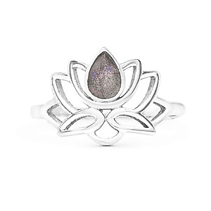 Koral Jewelry Cut Pear Labradorite Lotus Ring 925 Sterling Silver Ethnic Vintage Tribal Gipsy Boho Look (9)