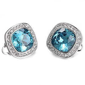 Yoursfs Blue Clip On Eearrings For Women Platinum Plated 4ct Square Crystal Halo CZ Bridal Wedding Earring