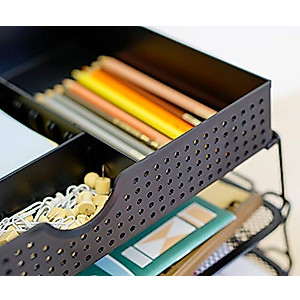 CAXXA 3 Trays Stackable Mesh Letter Tray, Desk File Organizer, Desktop Paper Tray Holder with Drawer, Black