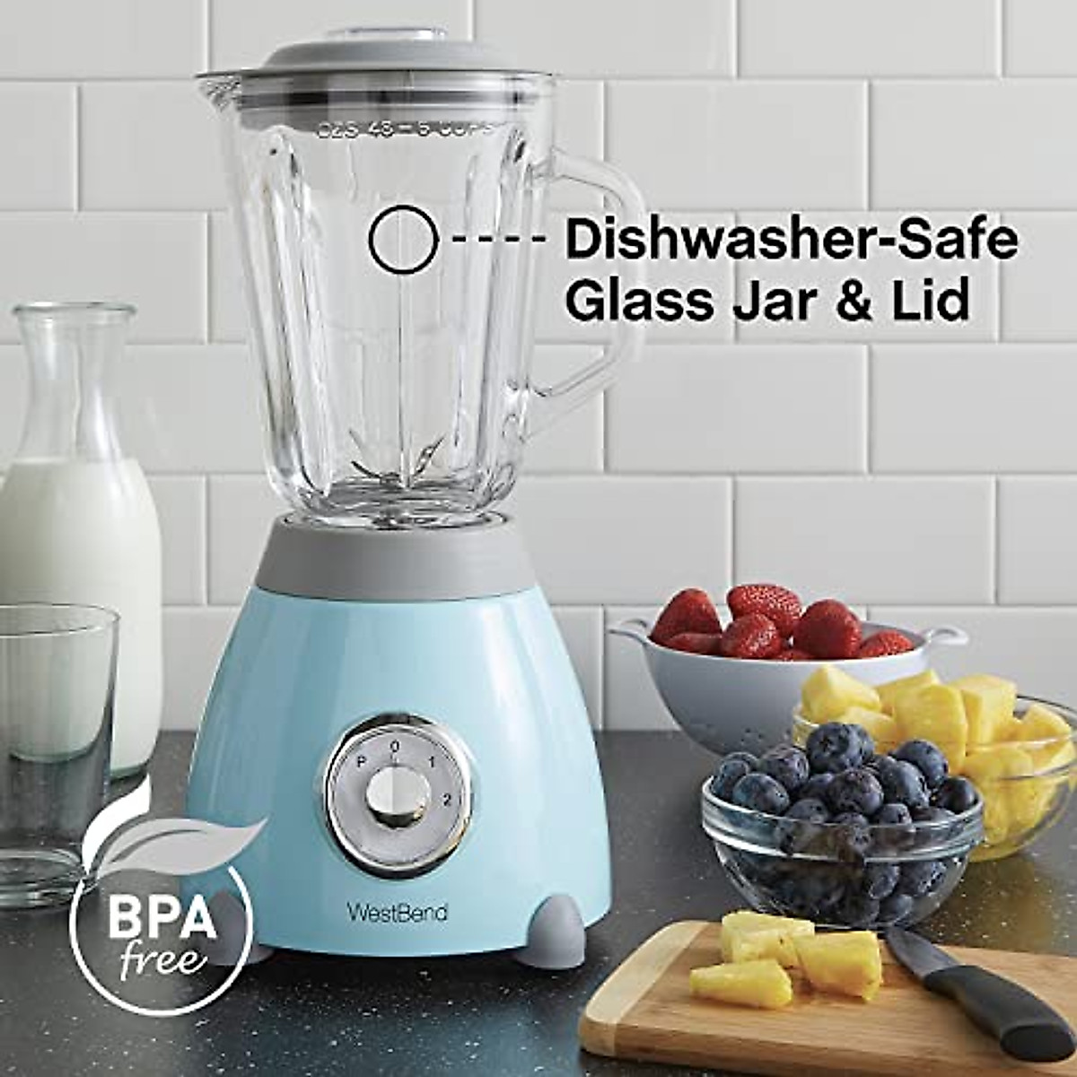 West Bend Blender Retro-Styled 3 Speeds with 48 oz Glass Blending Jar and Stainless Steel Blade, 500-Watts, Blue