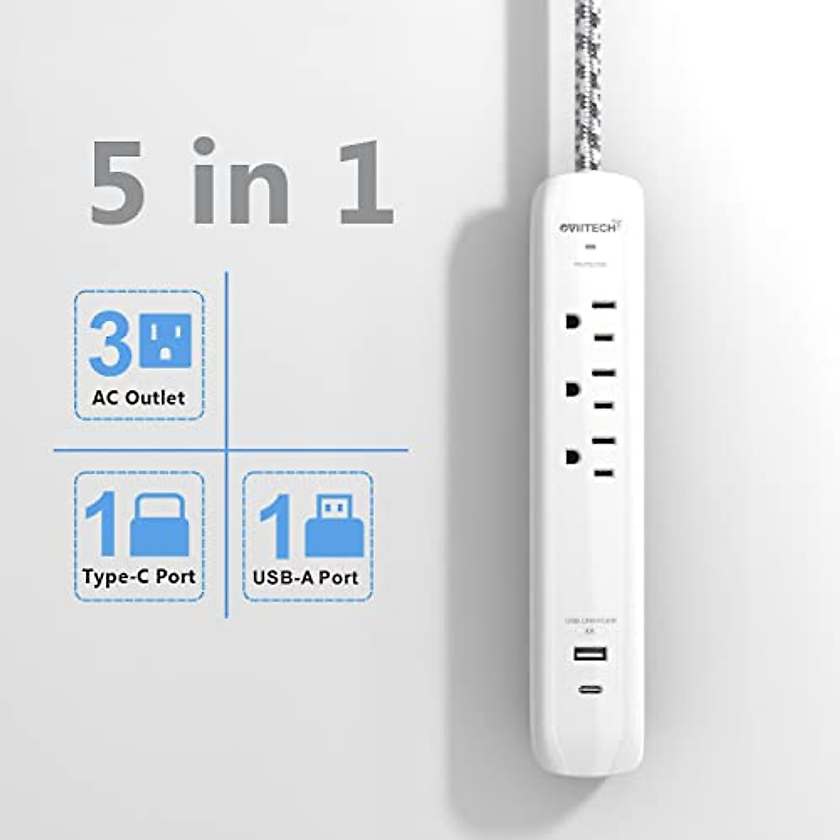 Oviitech USB C Power Strip, Power Strip with USB,3 Outlets and 2 USB Ports(1 USB C,1 USB A),with 6 Foot Heavy Duty Extension Power Cord,Straight Plug,for Home, Office, Travel and Dorm Room,White.