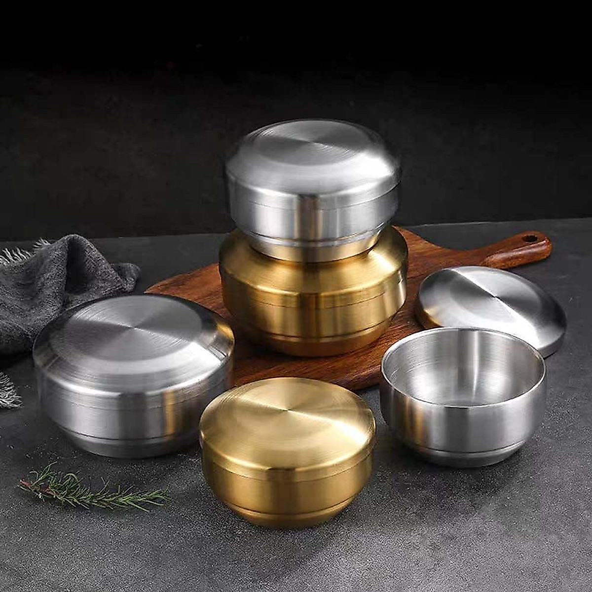 CHDHALTD Stainless Steel Bowls Double-Walled Insulated Soup Bowls,Rice Cereal Ice Cream Noodles Snacks Soup Bowls for Kids Children(S-No lid,Gold)