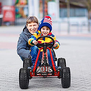 HONEY JOY Go Kart for Kids, 4 Wheel Pedal Powered Go Cart with Steering Wheels & Adjustable Seat, Safety Hand Brake, Non-Slip Tires, Outdoor Off-Road Racer Ride On Pedal Car for Boy Girl (Red)