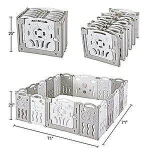 Albott Baby Fence Kid Playpen 18 Panel Play Yard - Foldable Kids Safety Activity Center Playard Lock Gate,Adjustable Shape, Portable Design for Indoor Outdoor Use (18 Panel, Grey+White)