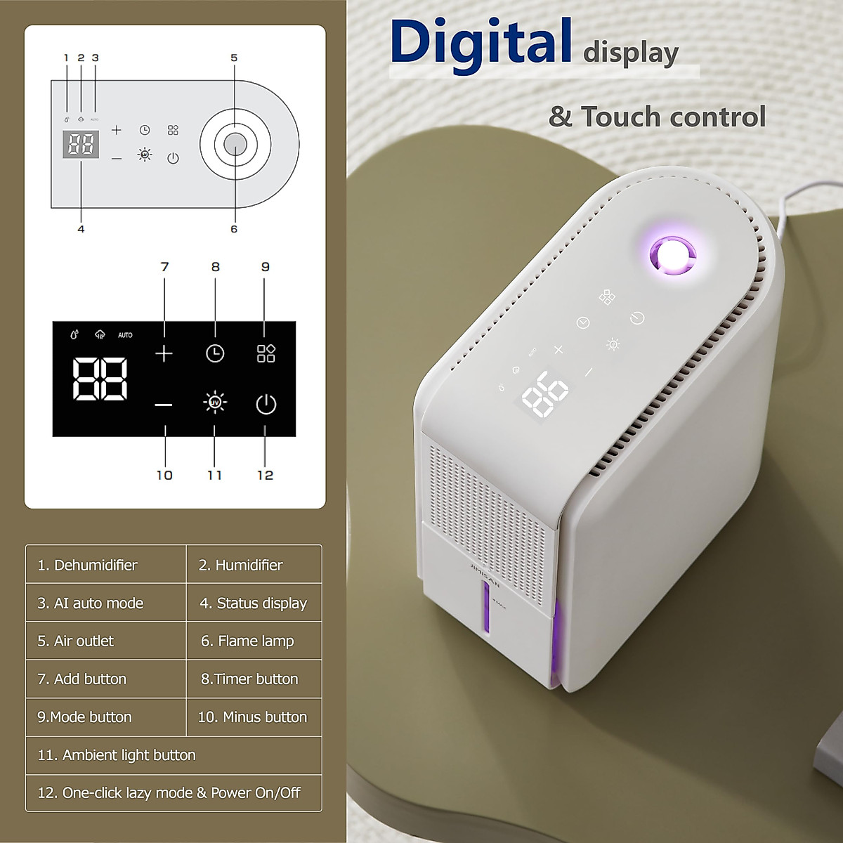 DINZAN 3 In 1 Humidifier Dehumidifier Combo With Air Filtration, Humidifiers Dehumidifier For Home Bedroom With Drain Hose Humidity and Temperature Display,5 Modes,7 Color LED Lights,Timer Set