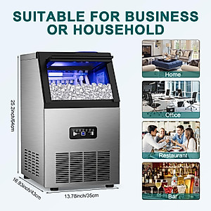 Commercial Ice Maker Machine 100Lbs/24H, 36Pcs Clear Ice Cubes Ready in 11-20Mins, Stainless Steel Under Counter Freestanding ice Machine with 23Lbs Ice Capacity for Home Party Bar, 2 Way Water Supply