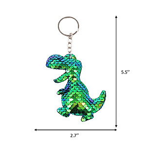 QTKJ Cute Reversible Mermaid Glitter Pompom Sequins Dinosaur Pendant Keychain Key Chain for Women Car Bag Accessories Key Ring (Green)