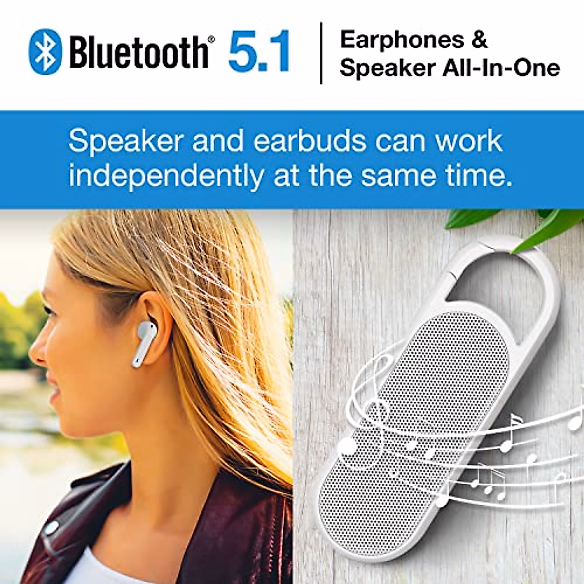 Acoustic Research – Model- ARTWS30, Duo Wireless Speaker and Earbuds – All-in-One Bluetooth Speaker, Earbuds and Charging Case, Hands-Free Calling, Built-in Travel Clip, Portable, Rechargeable – White