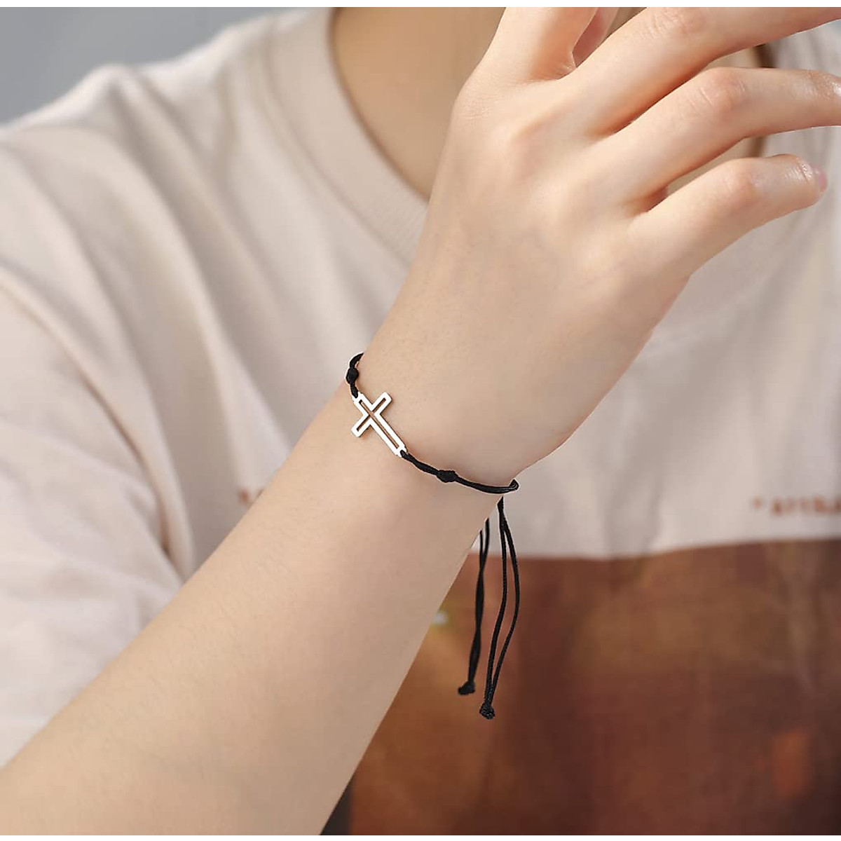 UNIFT Cross Bracelet For Women Men Stainless Steel Hollow Out Cross Adjustable Sideways Double Rope String Bracelet Christian Catholic Jewelry (silver, Stainless Steel)