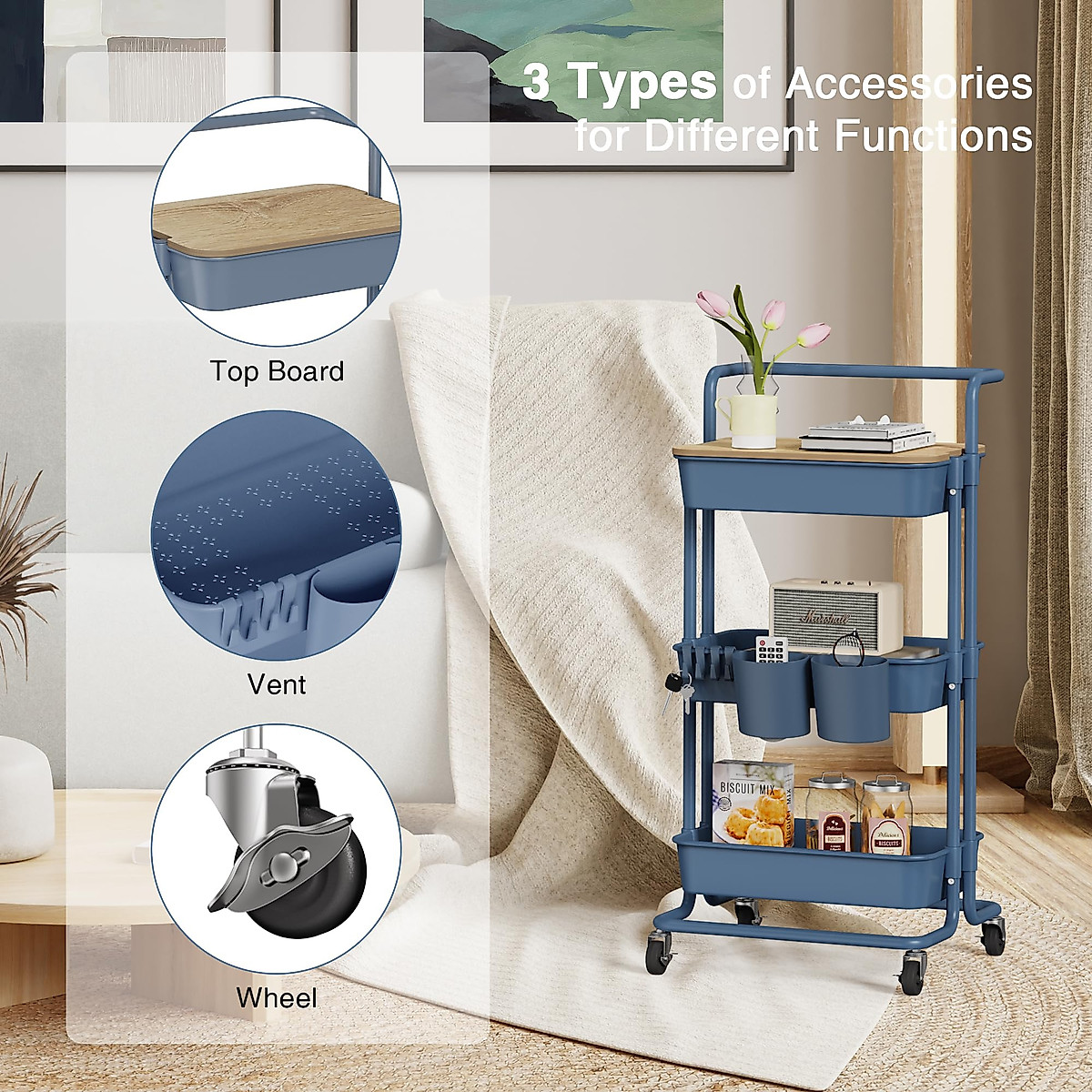 DTK 3 Tier Utility Cart with Cover Board, Rolling Cart with Lockable Wheels, Cups, Hooks for Home Office, Art Craft Storage, Home School Organization and More Uses(Blue)