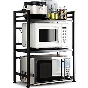 DOLALIKE Microwave Oven Rack, Expandable Microwave Stand Countertop Kitchen Utensils Tableware Storage, Carbon Steel Over Microwave Shelf Countertop with 3 Hooks