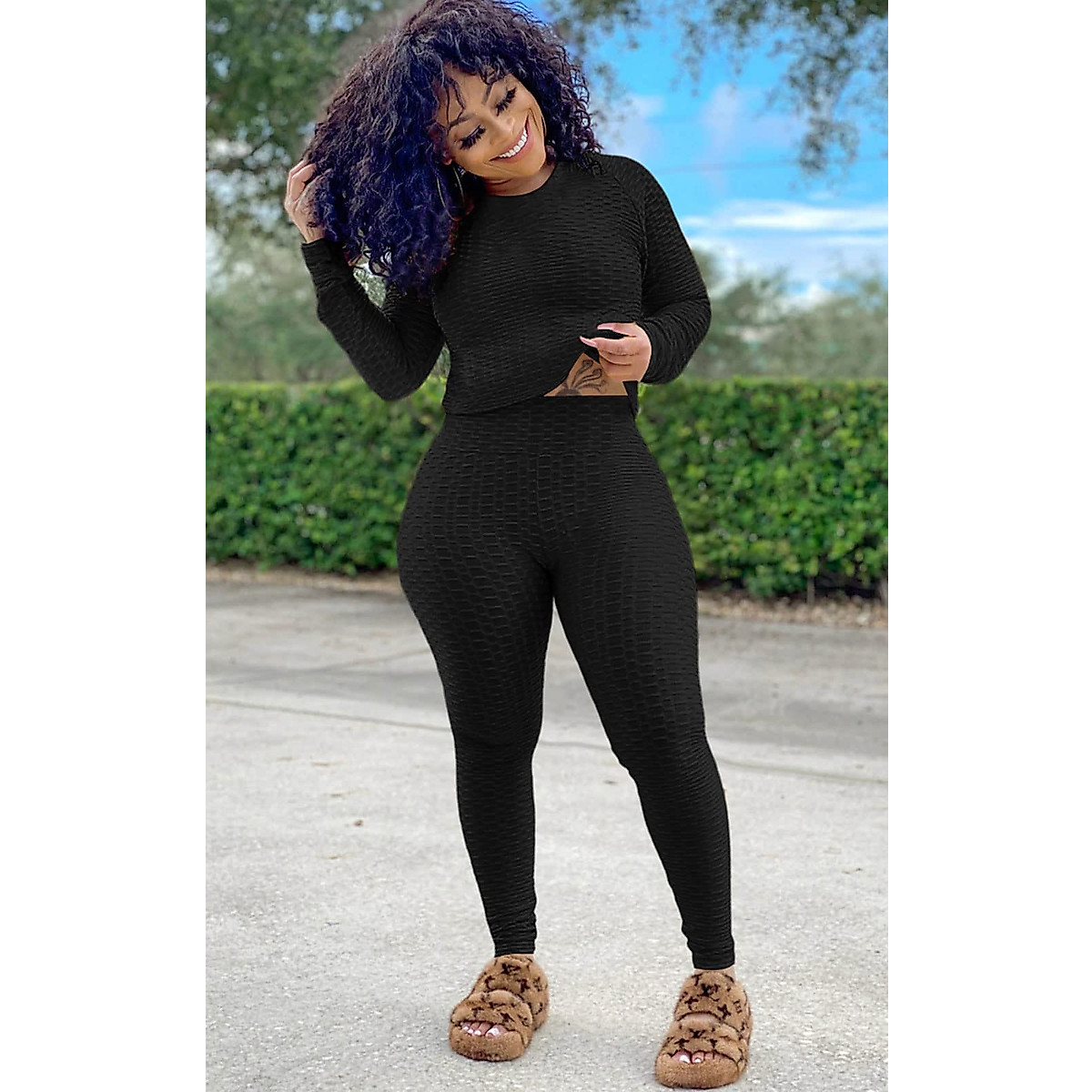 Jogging Suits for Women, Textured Tracksuit Long Sleeve Pullover Shirt and Pants 2 Piece Outfits Set Black L