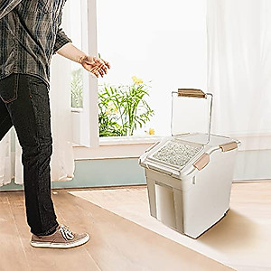 Qiveno Airtight Flour Storage Container 25 lb Rice Storage Container with Wheels Seal Locking Lid, Food Containers with Measuring Cup& Scoop for Flour, Rice, Grain(Pink)