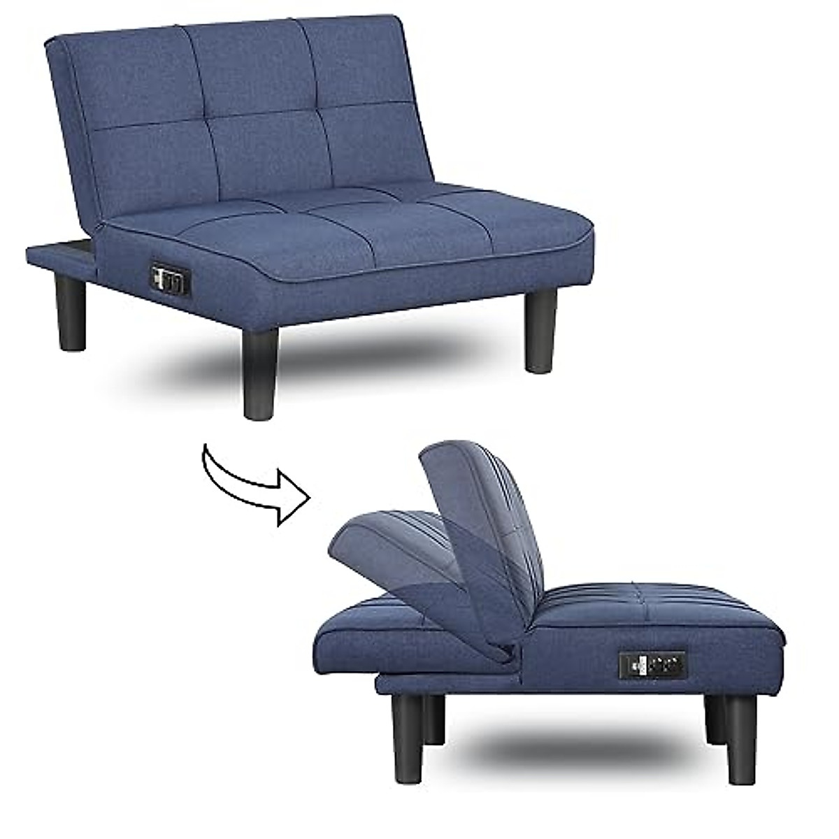 JUBILOOM Comfy Mini Couches, Small Recliner Futon with Adjustable Backrest (USB Ports), Single Mini Couch Small Space, Recliner Chairs for Living Room, Bedroom, Home, Blue, 1Pack, 306BL1USB