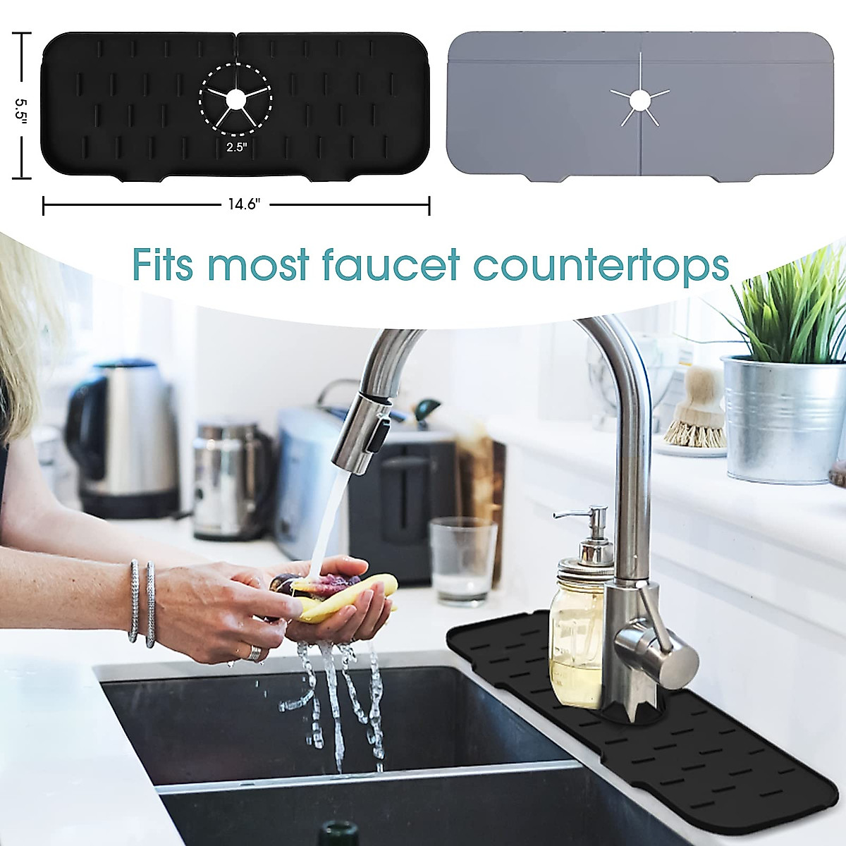 2 Pack Silicone Faucet Handle Drip Catcher Tray, Kitchen Sink Splash Guard Mat, Faucet Water Catcher Mat Sink Draining Pad Drying Mat for Countertop, Bathroom, Farmhouse, RV, Kitchen Sink Accessories