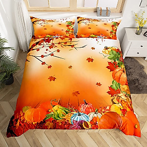 Fall Pumpkin Bedding Duvet Cover Set Halloween Themed Bedding Set Boys Girls Maple Leaves Decor Comforter Cover Set Microfiber Pumpkin Festival Bedspread Cover Bedroom Bedclothes King Size