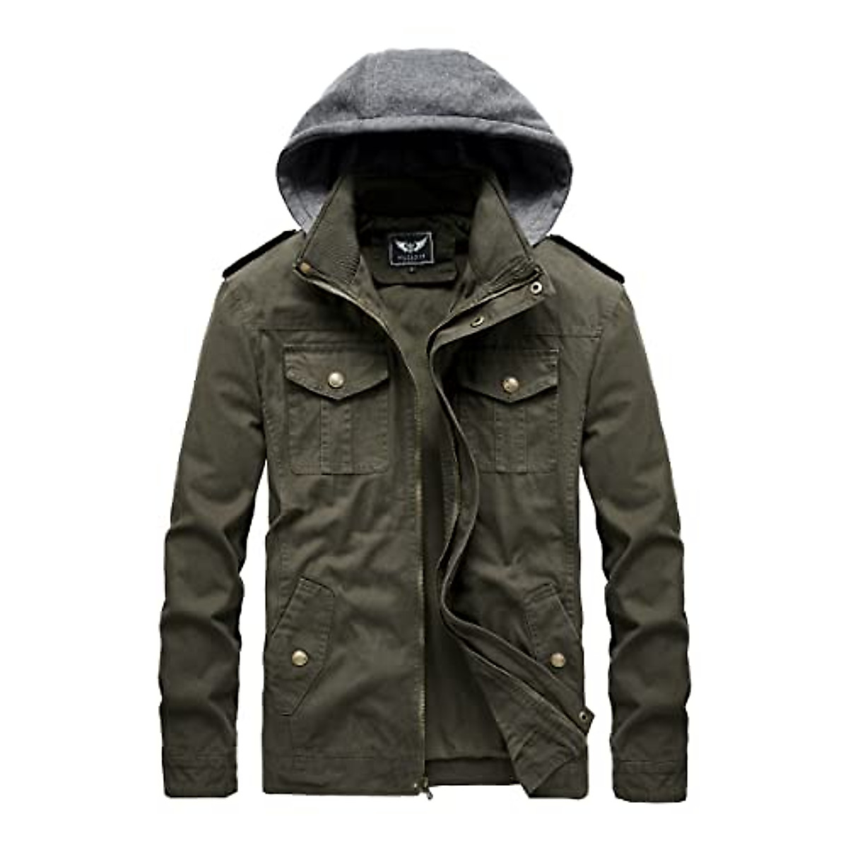 Men's Military Jacket Casual Cotton Lightweight Windbreaker with Removable Hood (Large, Army Green)