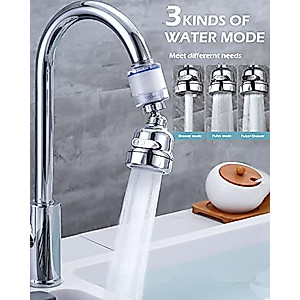 Water Filter for Sink, 360° Rotating Faucet Water Filter, Kitchen Bathroom Universal Swivel Sink Filter, with 3 Water Outlet Modes (Silver)