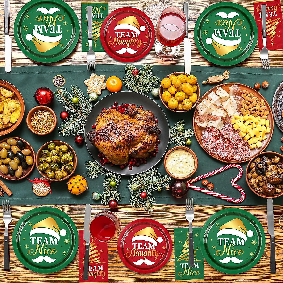 Pymurod 60pcs Naughty or Nice Plates and Napkins Team Naughty Team Nice Christmas Decorations Disposable Christmas Plates Napkins Paper Tableware for Xmas Holiday Christmas Party Supplies