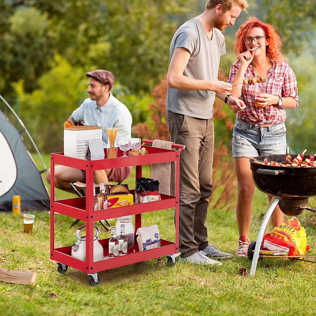 Goplus 3-Tier Utility Cart, Heavy Duty Commercial Service Tool Cart w/Lockable Wheels, 330lbs Load Capacity, Ergonomic Handle, Rolling Mechanic Tool Cart Storage Organizer for Warehouse Garage