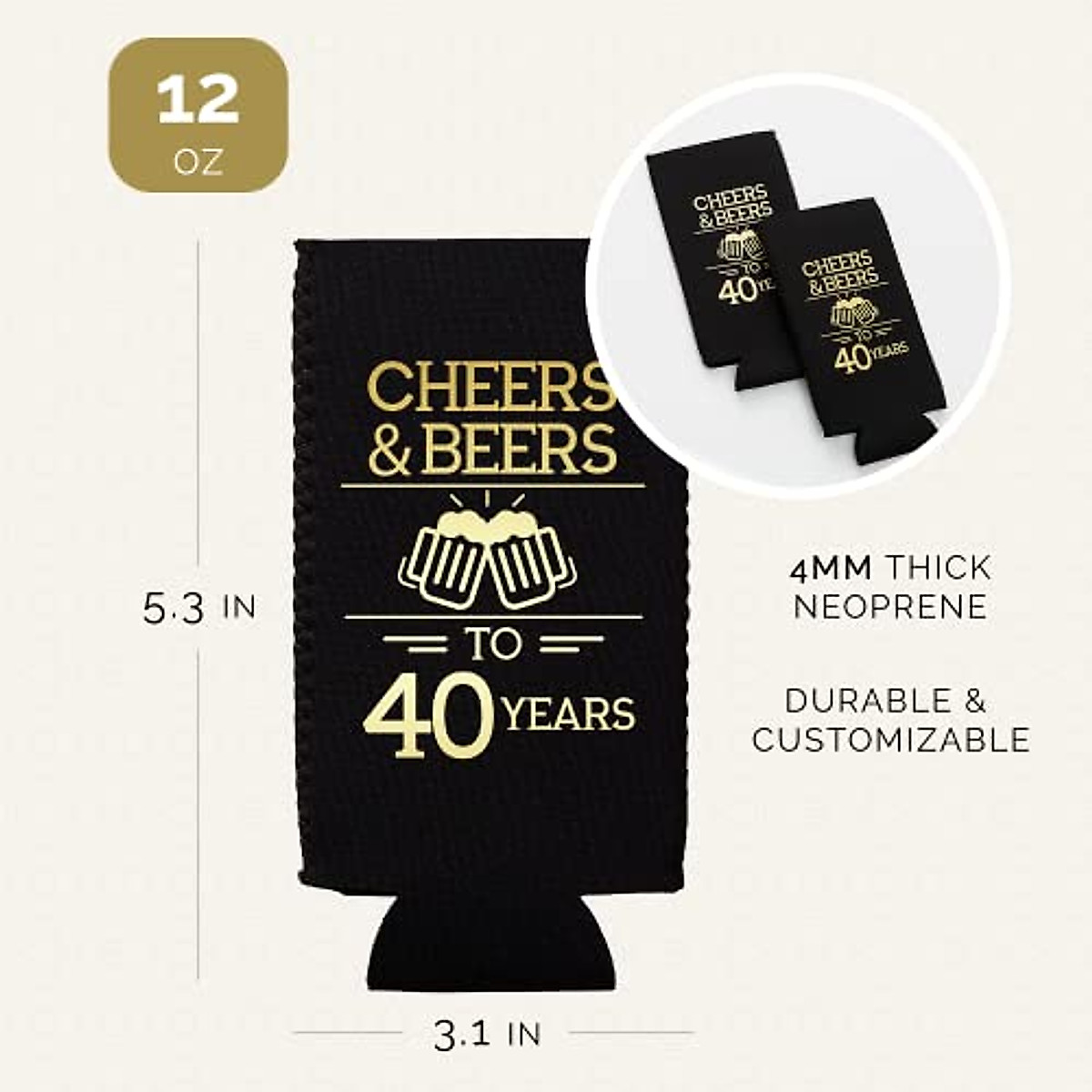 Cheers & Beers to 40 Years Slim Can Coolers, 40th Birthday Party Coolies, Set of 12, Black and Gold Thirtieth Birthday Cup Coolers, Perfect for Birthday Parties, Birthday Decorations