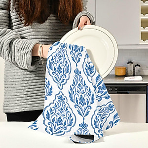 Kigai Blue White Damask Pattern Kitchen Towels, 18 x 28 Inch Super Soft and Absorbent Dish Cloths for Washing Dishes, 4 Pack Reusable Multi-Purpose Microfiber Hand Towels for Kitchen