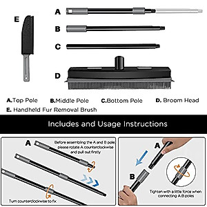 Sunally Rubber Broom Pet Hair Remover, Fur Remover Broom with Squeegee for Fluff Carpet, Hardwood Floor, Tile, Window, Black Grey, Includes Portable Lint Remover Brush and Broom Holder