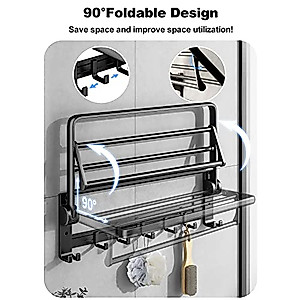 Bathroom Towel Rack, Foldable Towel Racks for Bathroom with 5 Sliding Towel Hooks, Drilling/Adhesive Towel Rack Wall Mounted for Rental/Restroom/Bedroom, Upgrade Wall Anchors, Rustproof, 24in