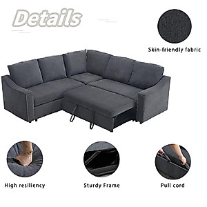 Couches for Living Room, Convertible Sectional Sofa Couch L Shaped Couch with Pull Out Sofa Bed & Square Handrail, Built-in Nailheads Trim, 5-seat Modular Sectional Sofa for Small Spaces, Grey