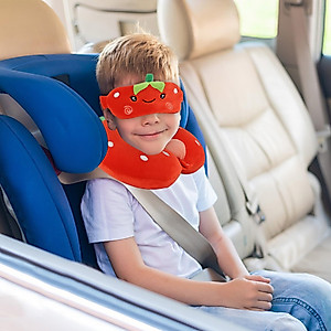 Kids Neck Pillow for Travel with Sleep Eye Mask, Cute Travel Neck Pillow, Memory Foam Flight Sleeping Headrest Pillow for Boys & Girls, Airplane, Train, Car, Home Use - Red Strawberry