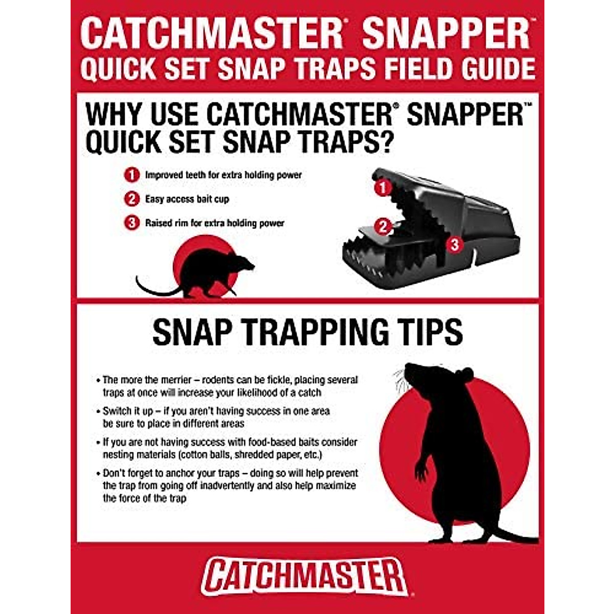 Catchmaster Snapper Mouse Traps 6-Pk, Mouse Traps Indoor for Home, Reusable Rodent Killer for House, Outdoor Critter Catcher, Eco Friendly Pest Control for Garage, Basement, & Kitchen