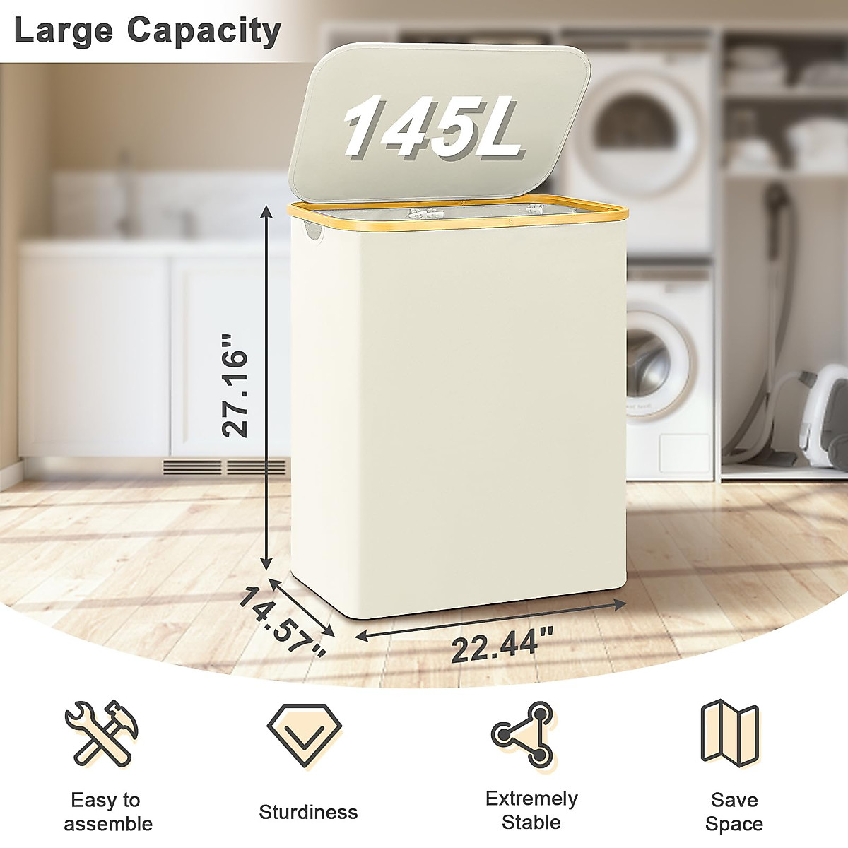Bellzacasa Double Laundry Hamper with Lid, 145L Large Collapsible Hampers for Laundry with Removable Laundry Bags, Divided Dirty Clothes Laundry Basket for Laundry Room, Bedroom, Bathroom (Beige)