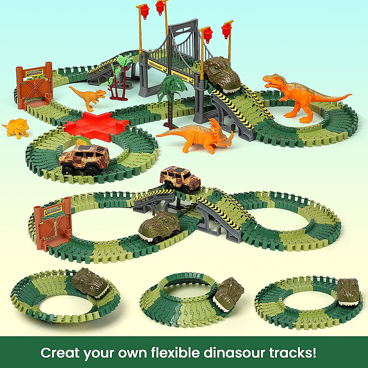 Dinosaur Track Toys with 227PCS Flexible Track, 1 Dinosaur Car, 1 Race Car, 8 Dinosaurs for 3 4 5 6+ Year Old Boys Girls Best Gift, Create A Unique Dinosaur World Road Race