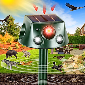 FRAMICS Solar Animal Repeller 360° Ultrasonic Animal Repellent Outdoor Solar Animal Repellent Cat Deterrent with Motion Sensor & LED Flashing Animal Repeller for Repelling Cat Squirrel Deer Raccoon