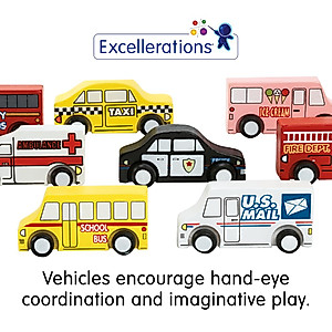 Excellerations 4 x 1 x 2-1/4 inches, Wooden Block Play Community Trucks, Set of 8, Preschool Educational Toys, Supports Early STEM Skills, Ages 3 Years and Up