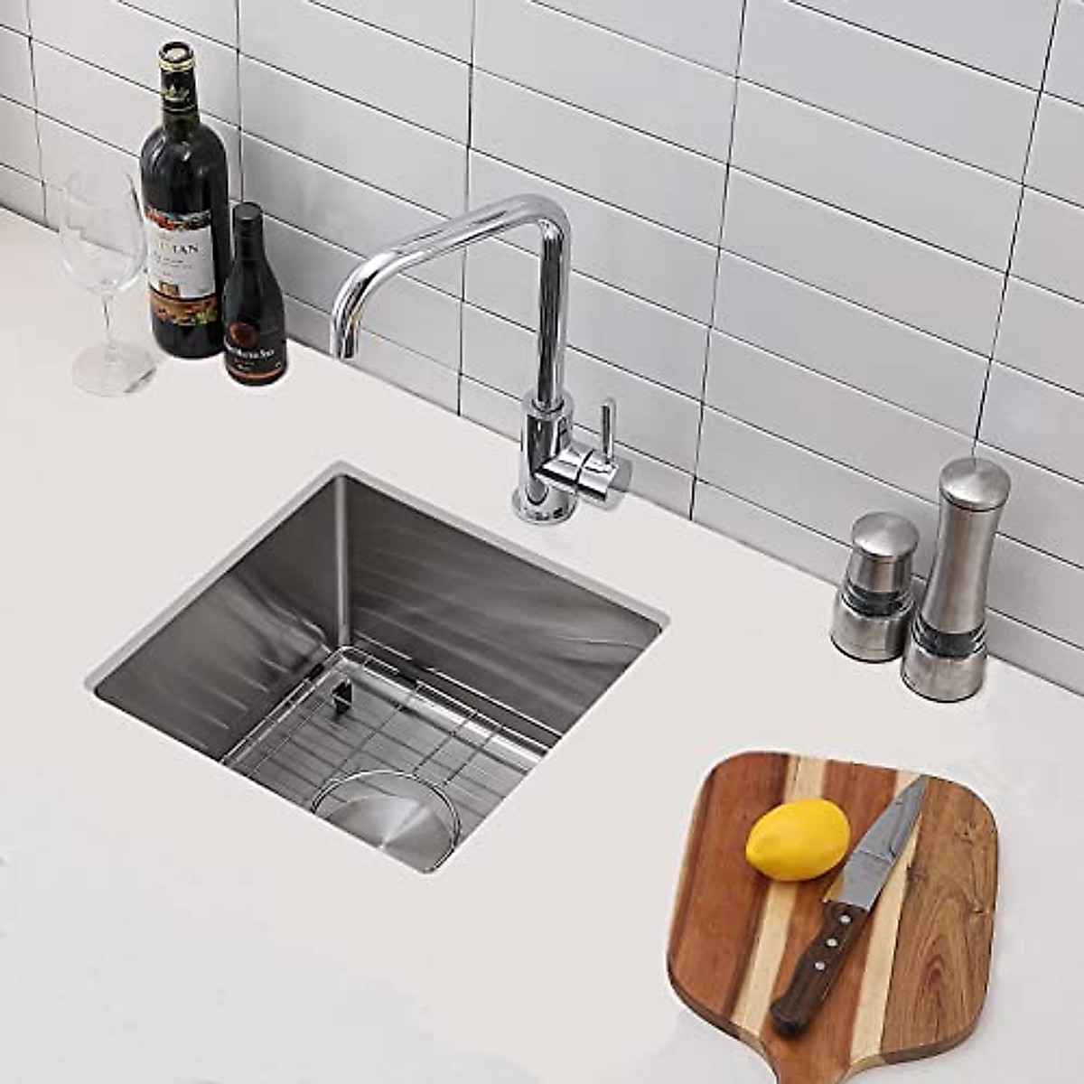 IKEBANA Undermount Bar Sink,15 x 15 Inch 18 Gauge Single Bowl Small Wet Bar Sink, Brushed Nickel Stainless Steel Prep Rv Kitchen Sink with Bottom Grid and Strainer