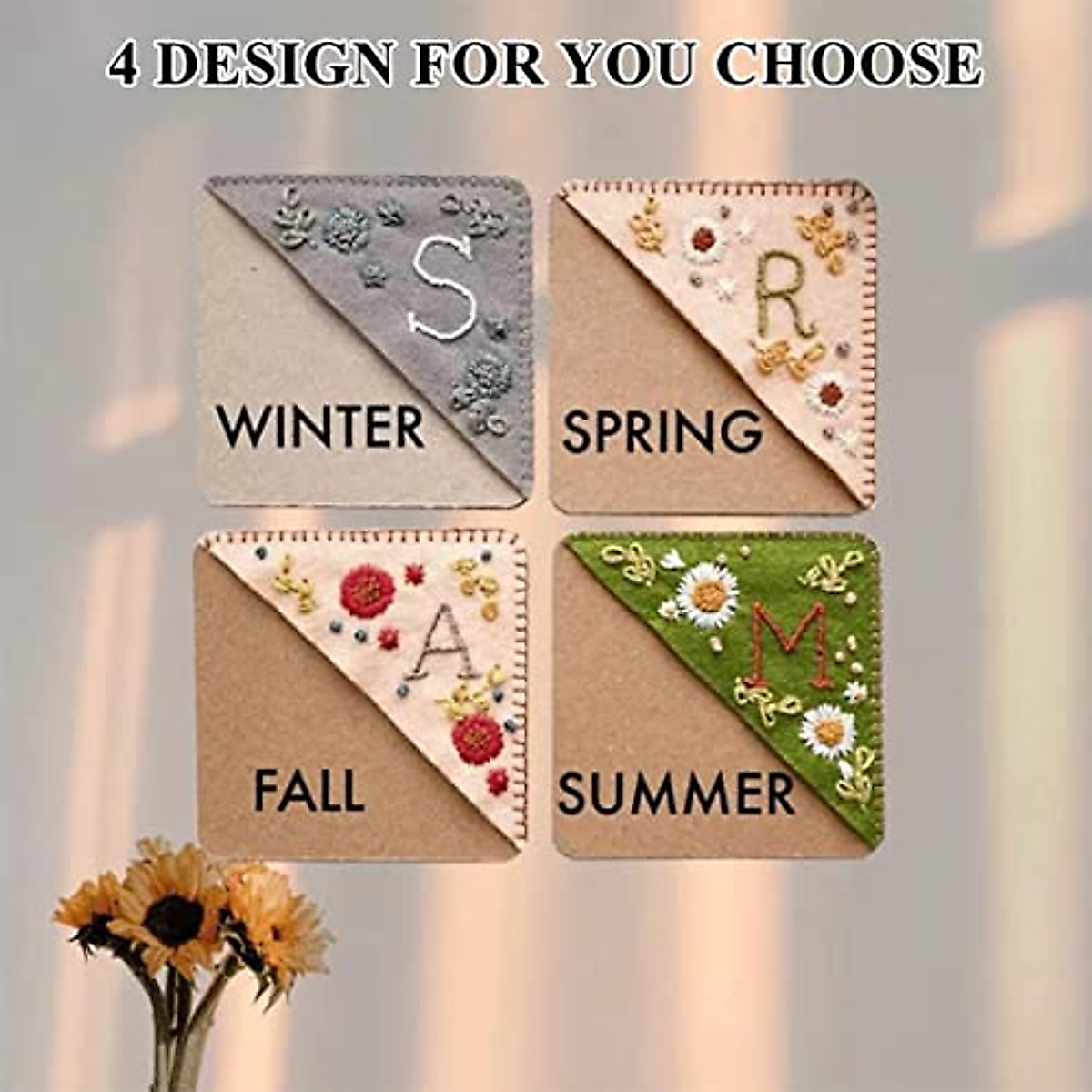 Personalized Hand Embroidered Corner Bookmark, Hand Stitched Felt Corner Letter Bookmark, 26 Letters and 4 Seasons, Handmade Cute Flower Book Marks, for Book Lovers Meaningful Gifts