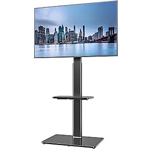Universal Floor TV Stand with Mount for 19 to 43 inch Flat Screen TV, 100 Degree Swivel,Adjustable Height and Tilt Function, 2 Shelves Space Saving Standing TV Mount for Bedroom Living Room Corner