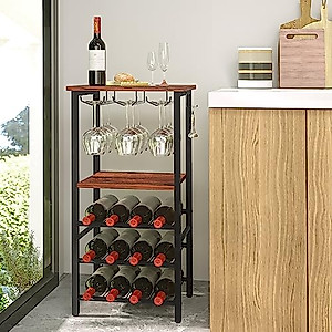 Yoobure Wine Rack Freestanding Floor with Glass Holder Wine Racks for Floor 12 Bottles Wine Bar Rack, Wine Holder Stand with Wood Tabletop 3-Tier Wine Table with Rack for Home Bar Kitchen Living Room