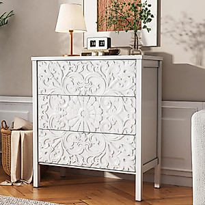 PHOYAL 3-Drawer Dresser Chest, Modern Wooden Flower Motif Dresser with Wide Storage Space Chest of Drawers Bedside Nightstand Dresser Closet for Living Room Bedroom, Hallway (White)