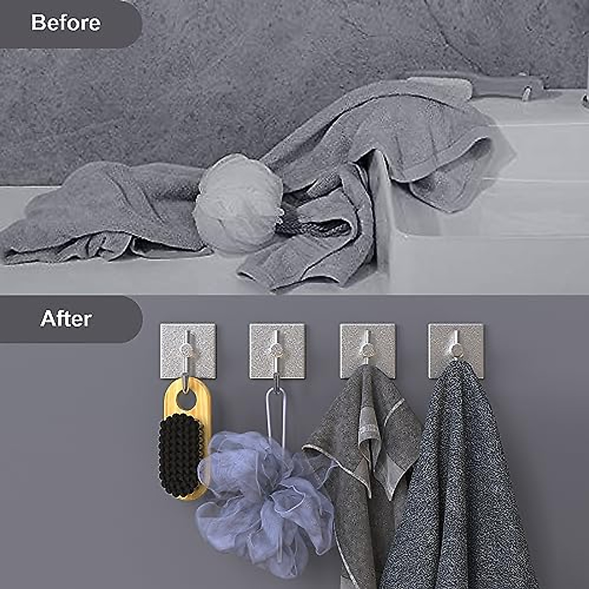 HUFEEOH Adhesive Hooks for Hanging, Shower Hooks Sticky Hooks for Hanging Loofah, Purse, Towel Holder Wall Hangers for Bathroom, Kitchen, Office, Rv (Silver)