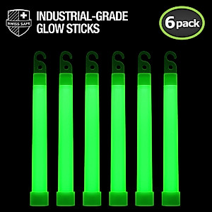 Swiss Safe Premium 6" Glow Sticks, Extra Bright, 12+ Hour Duration, Emergency Ready, Green, 6 Pack