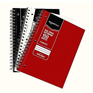 Amazon Basics Wide Ruled Wirebound 3-Subject 150-Sheet Notebook - Pack of 3, 10.5 x 8 Inch, Black / Red / White