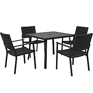 JIVOIT Outdoor Patio PE Wicker 5-Piece Dining Table Set, Dining Table with Umbrella Hole and 4 Dining Chairs Set, Conversation Set Bistro Set for Backyards Garden Deck